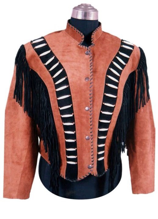 New Native American Brown Buckskin Suede Leather Black Fringes Jacket ...