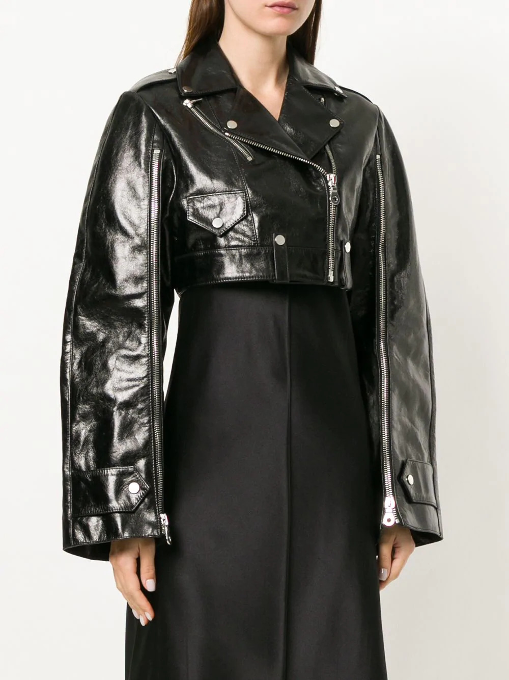 Black Cropped Leather Biker Jacket - Maker of Jacket