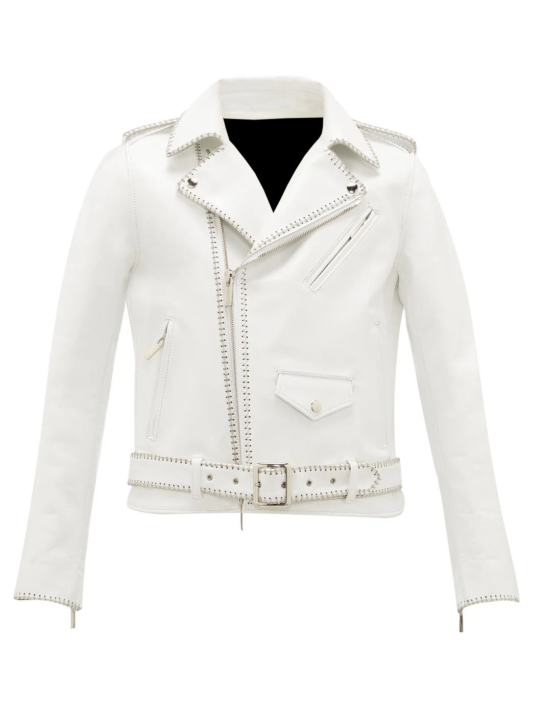 Chain-Trimmed White Leather Biker Jacket | Chic Edge