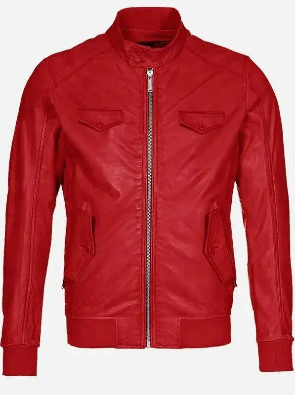 Regular Fit Red Bomber Leather Jacket - Maker of Jacket