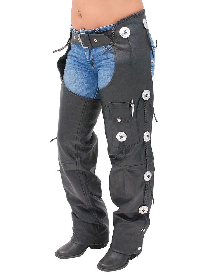 Black Western Leather Chaps w/Conchos - Maker of Jacket