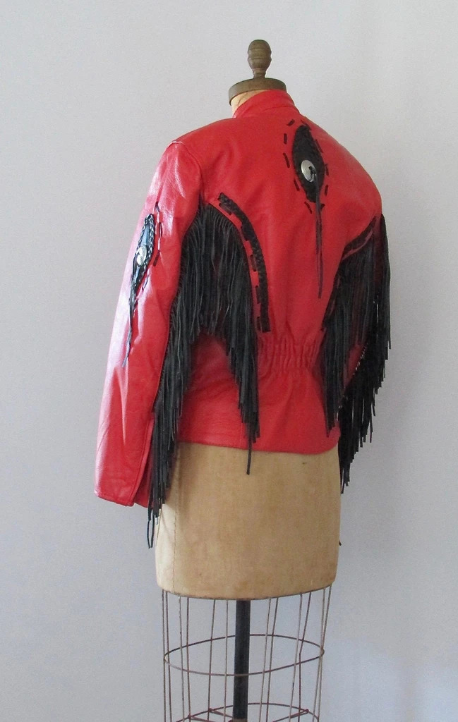 Red and Black 1990s Vintage Leather Fringe Jacket - Maker of Jacket