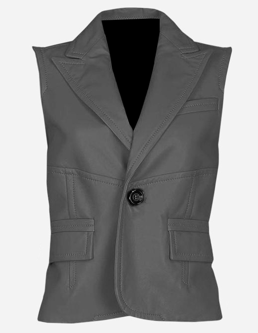 Timeless One Button Grey Leather Vest - Maker of Jacket