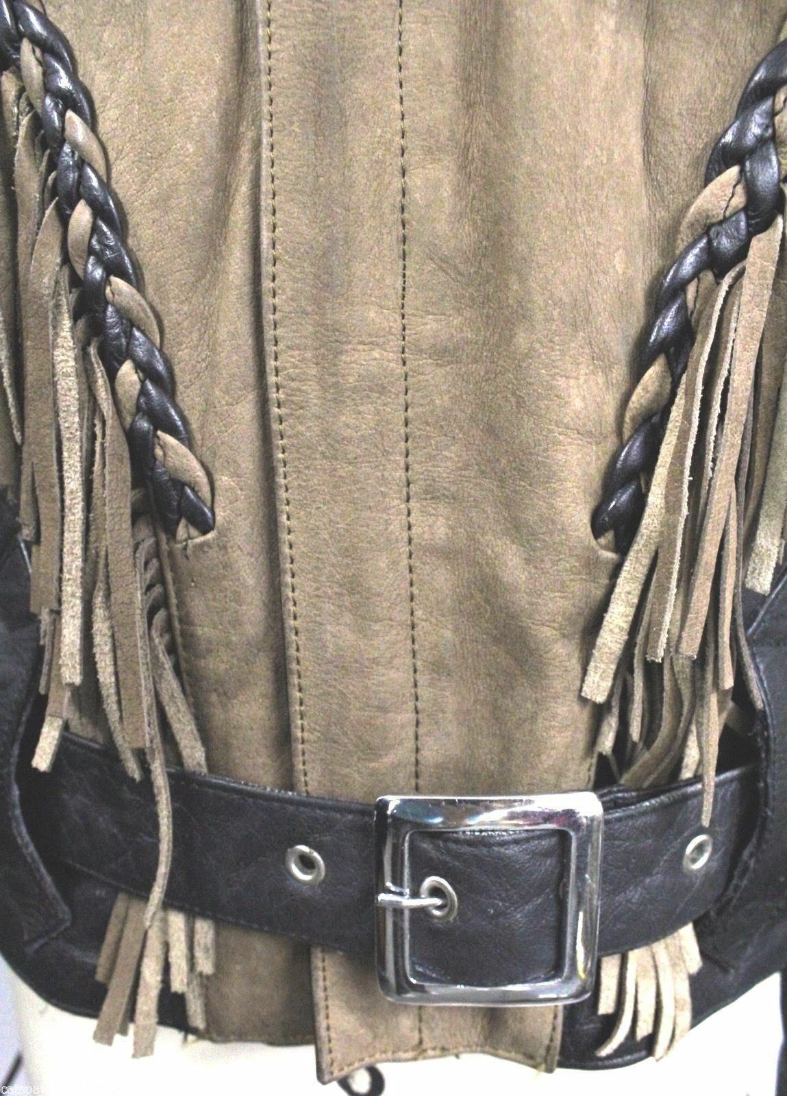 Two Tone Fringe Leather Belted Biker Jacket - Maker of Jacket