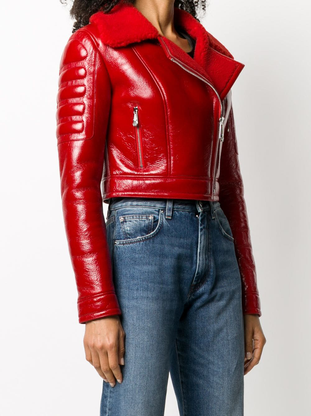 Red Shearling Fur Leather Padded Biker Jacket - Maker of Jacket