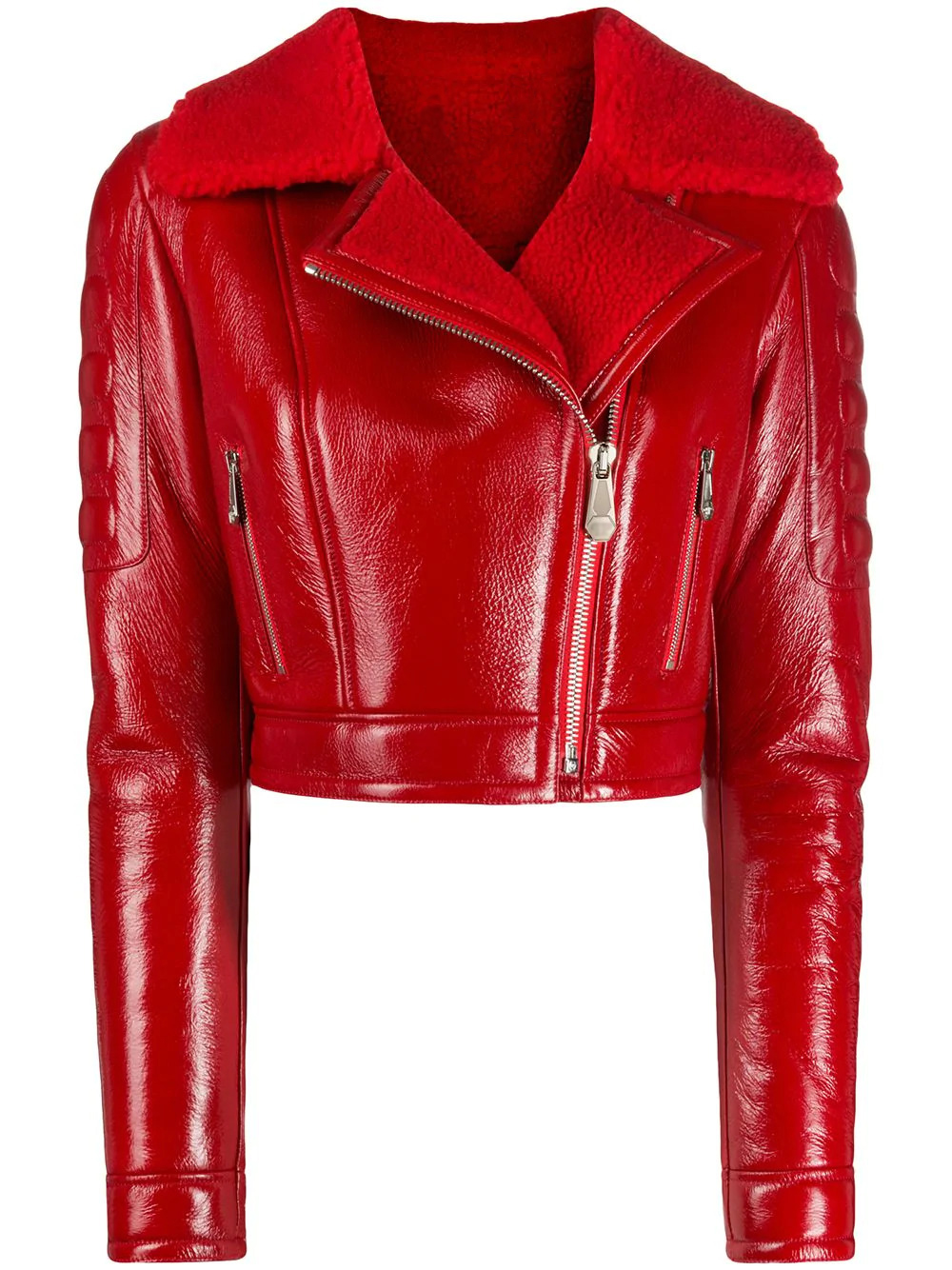 Red Shearling Fur Biker Jacket | Padded Leather