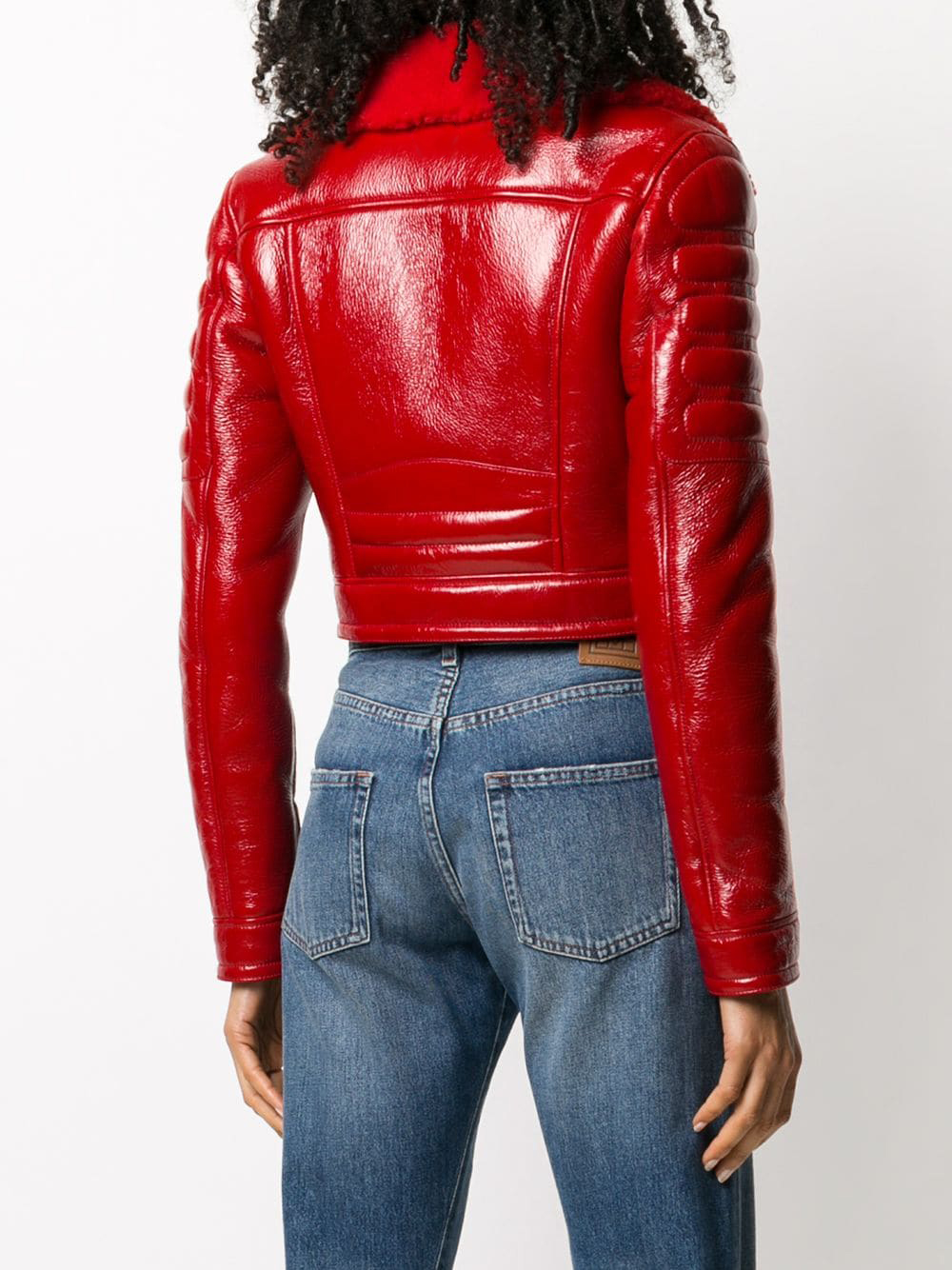 Red Shearling Fur Leather Padded Biker Jacket - Maker of Jacket
