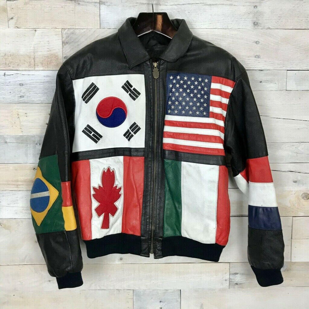 World Flag Vintage 80s Men's Bomber Leather Jacket - Maker of Jacket