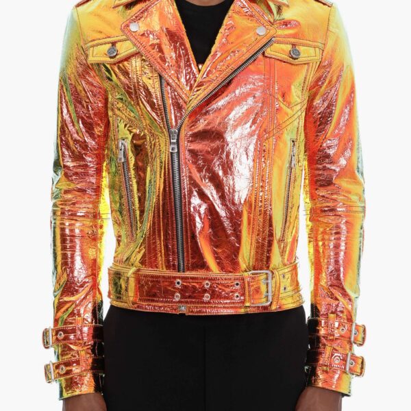 Shop Red Metallic Cracked Leather Biker Jacket | Precision Fit