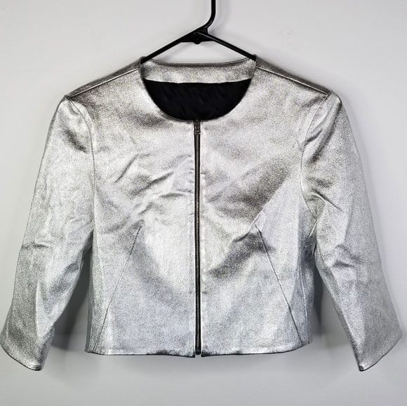 Metallic Silver Cropped Leather Jacket - Maker of Jacket