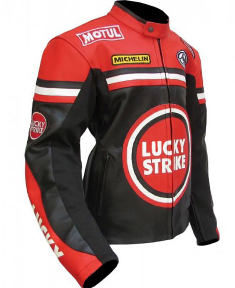 Lucky Strike Black and Red Motorcycle Leather Jacket - Maker of Jacket