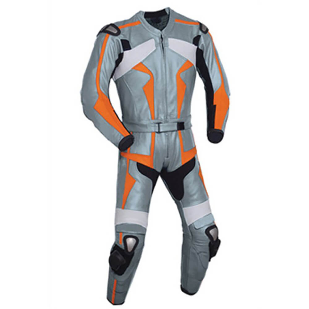 Silver and Orange Motorcycle Racing Leather Suit - Maker of Jacket