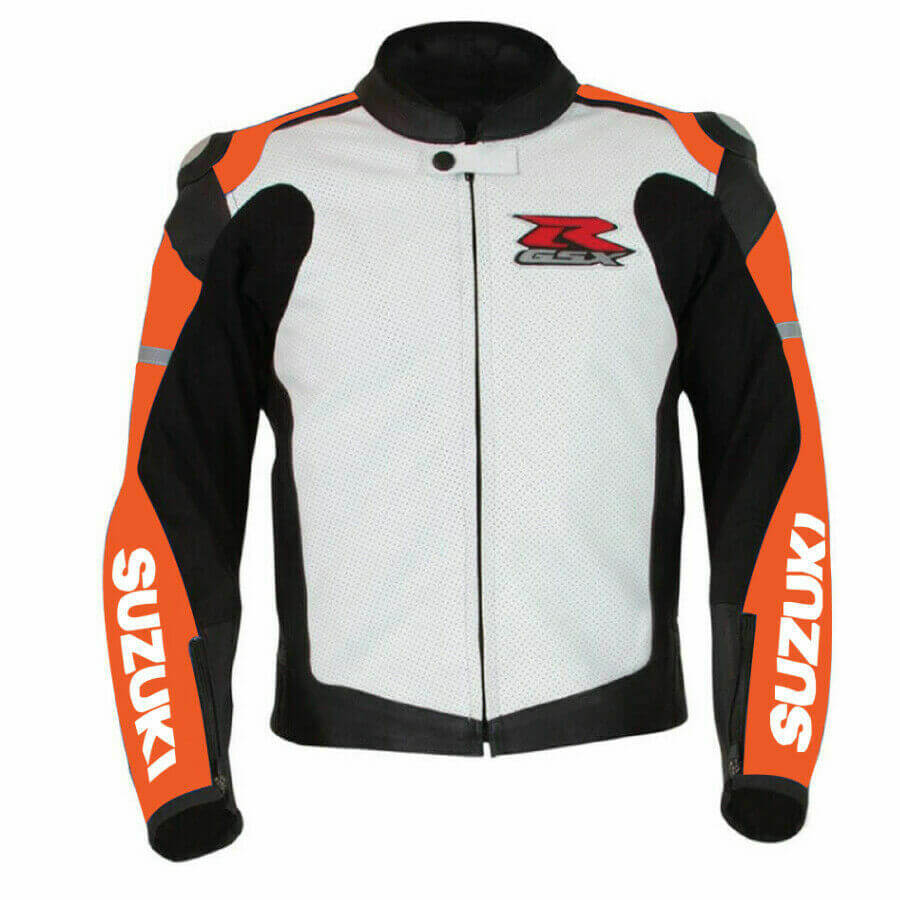 Suzuki GSXR Orange and White Motorcycle Jacket - Maker of Jacket