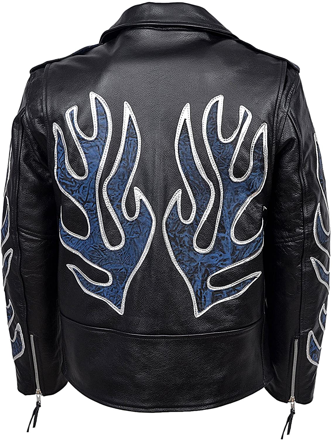 Black Classic Brando Blue Flames Biker Leather Jacket - Maker of Jacket