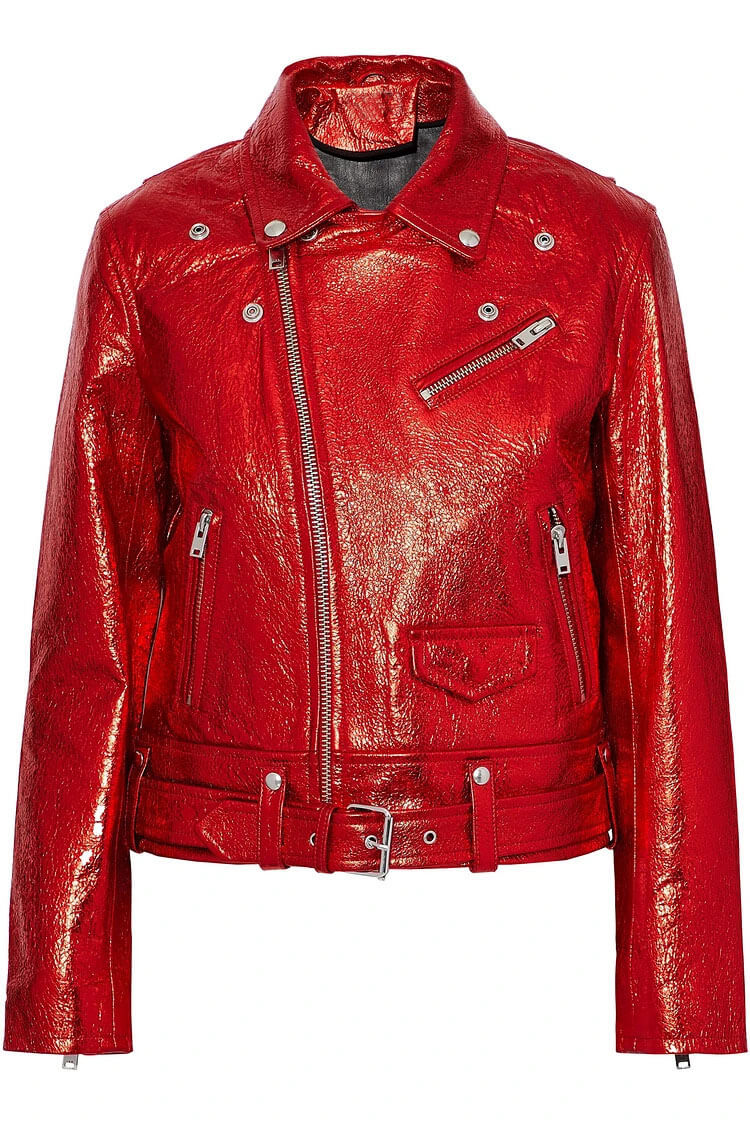 Red Metallic Cracked Leather Biker Jacket - Maker of Jacket