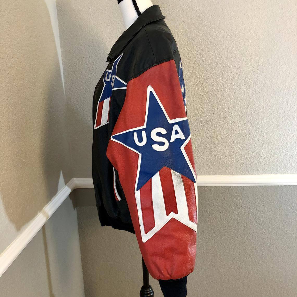 Vintage USA Flag Leather Super Patriotic Bomber Jacket - Maker of Jacket