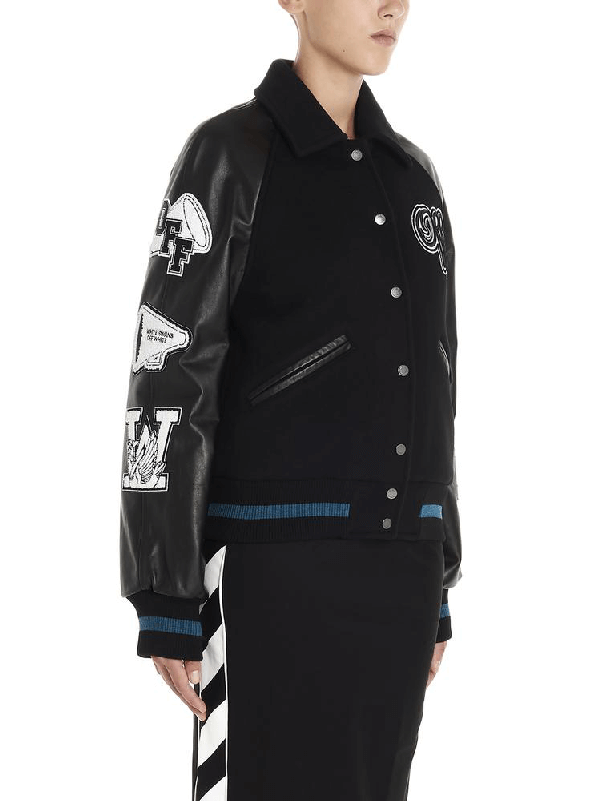 Black Logo Patch Sleeved Leather And Wool Blend Jacket - Maker of Jacket
