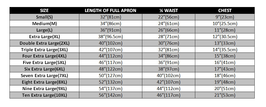 Size Chart & Guide for Jackets, Pants, Suits, Aprons & Chaps