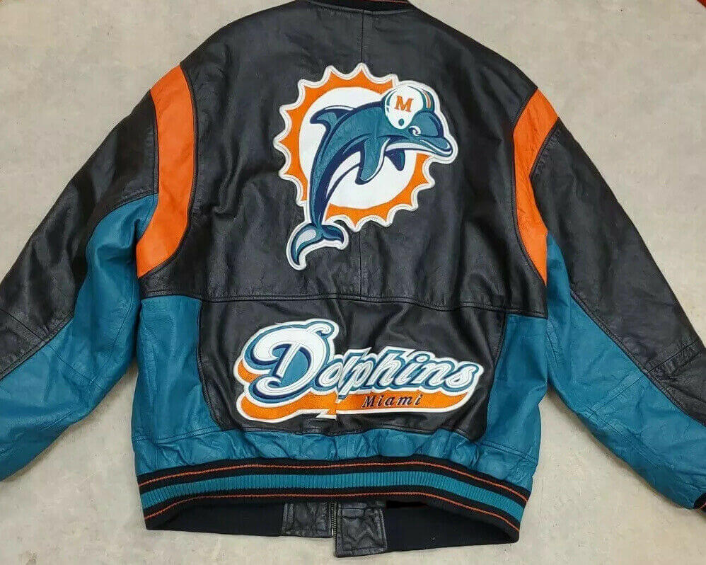 Vintage Miami Dolphins Black Leather Jacket - Maker of Jacket