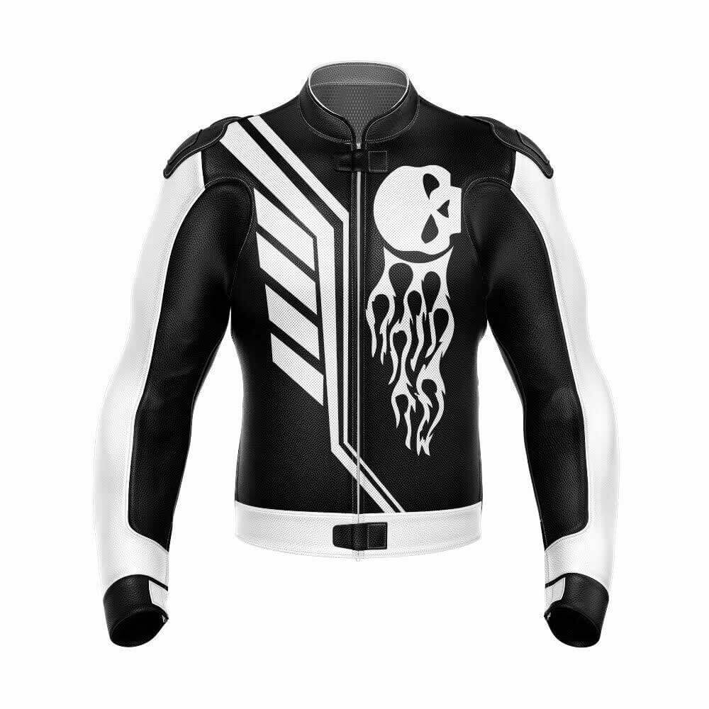Skull Motorcycle Racing Black Leather Jacket - Maker of Jacket