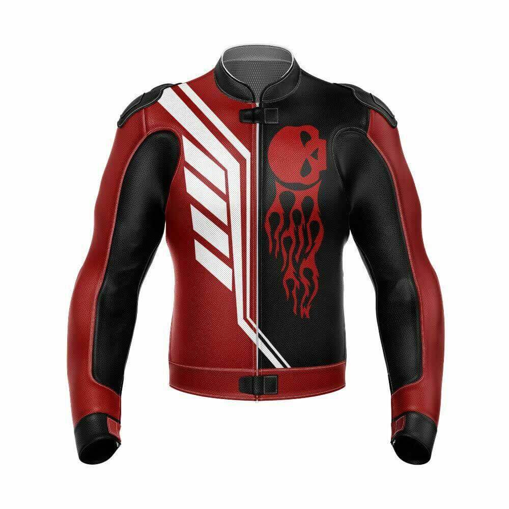 Skull Motorcycle Racing Red Leather Jacket - Maker of Jacket