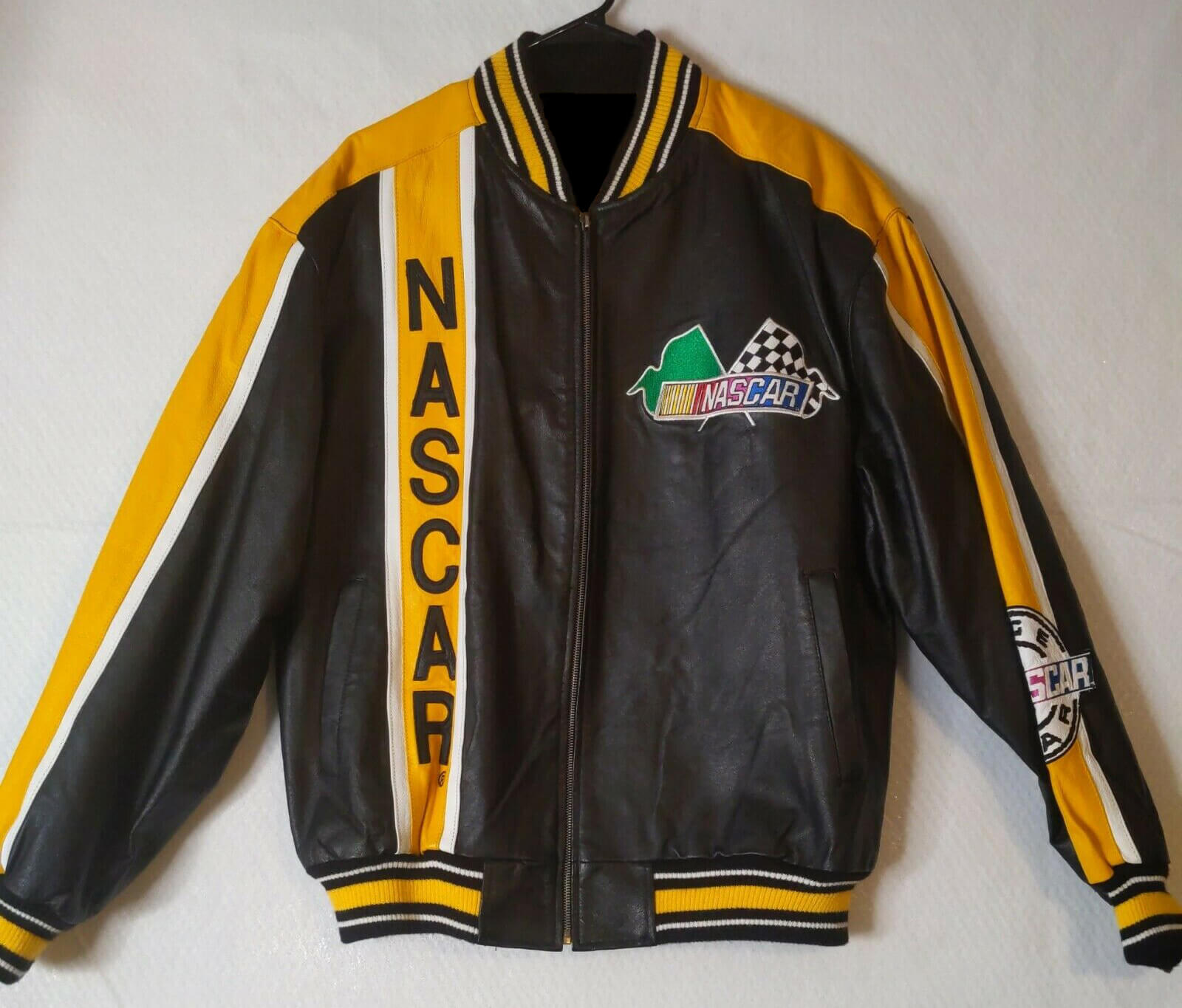 Nascar Racing Black And Yellow Leather Bomber Jacket - Maker of Jacket
