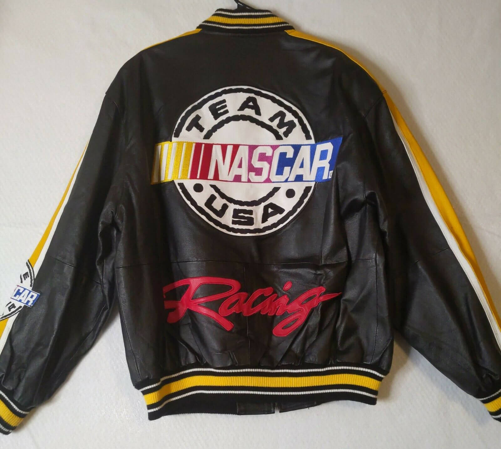 Nascar Racing Black And Yellow Leather Bomber Jacket - Maker of Jacket