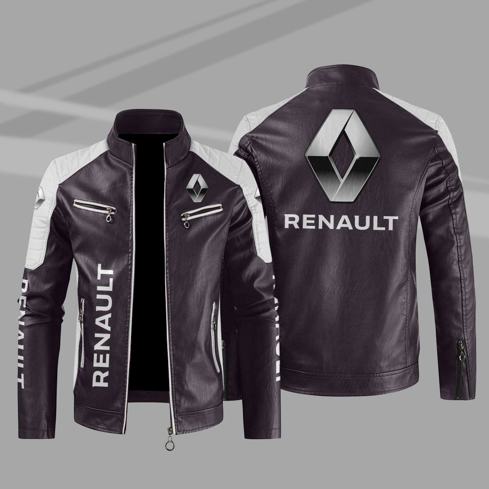 Renault Car Motor Block Brown White Leather Jacket - Maker of Jacket