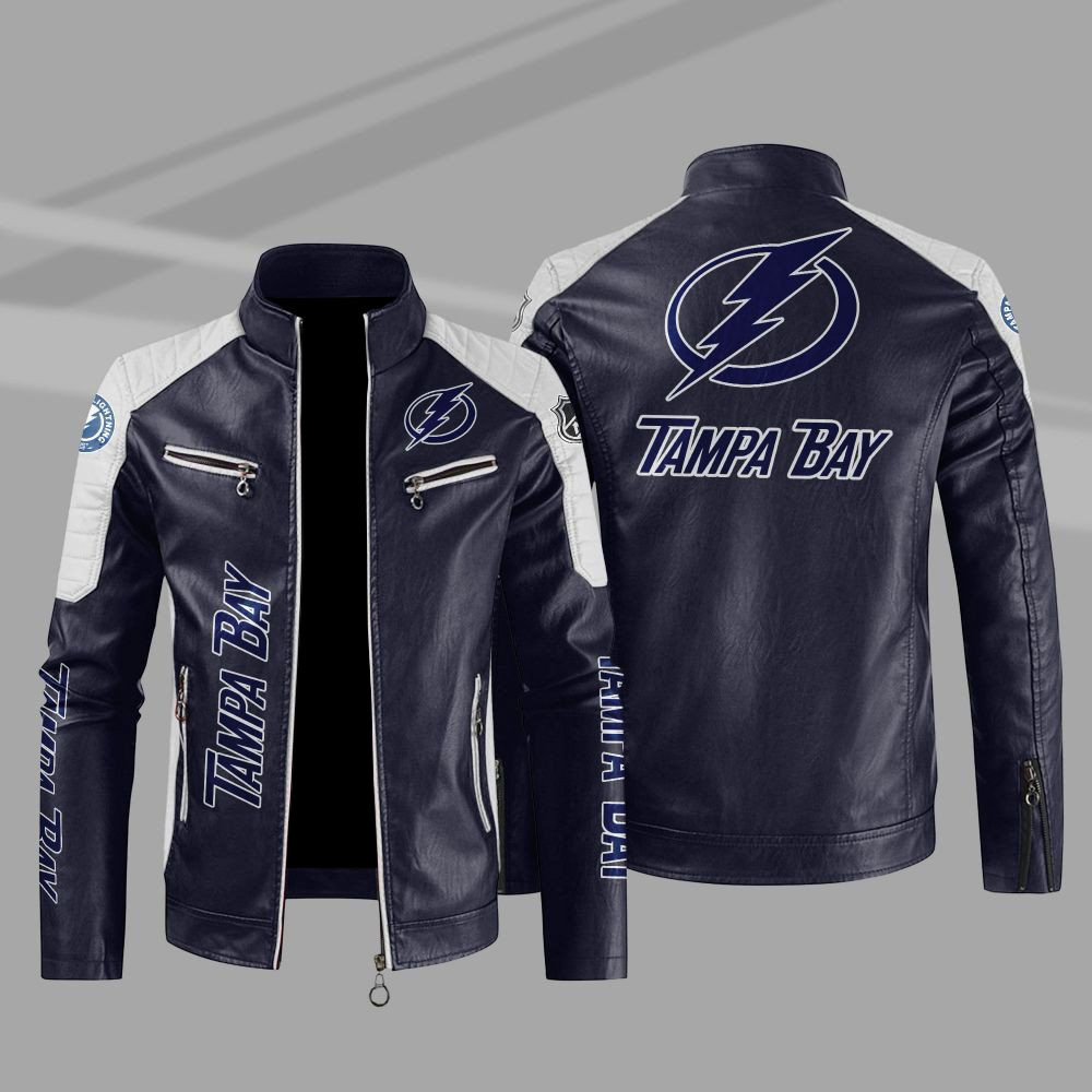 Tampa Bay Lightning Block Blue White Leather Jacket - Maker of Jacket