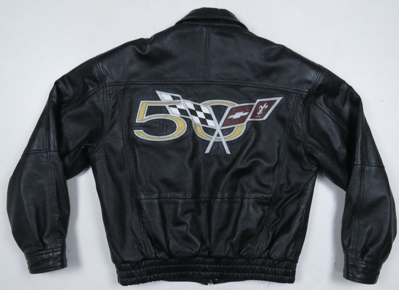 Corvette Chevy 50th Anniversary Black Leather Jacket - Maker of Jacket