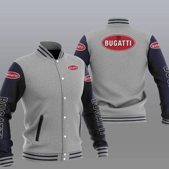 Gray Navy Bugatti Baseball Varsity Jacket - Maker of Jacket
