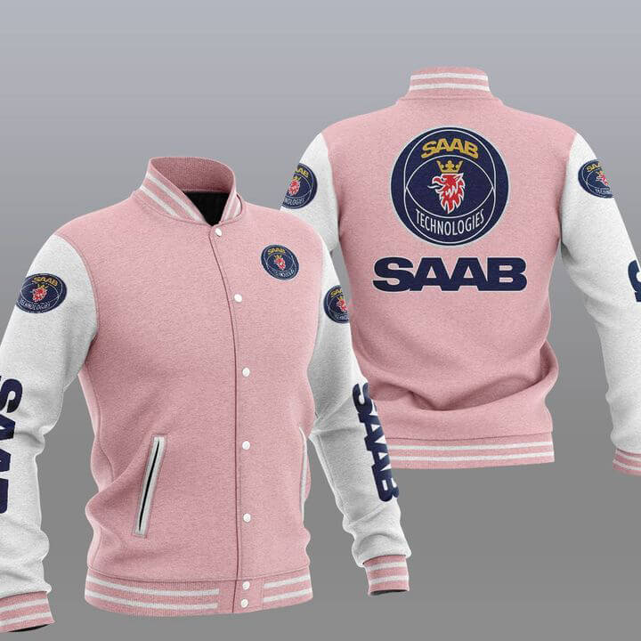 Pink White Saab Automobile Baseball Varsity Jacket - Maker of Jacket