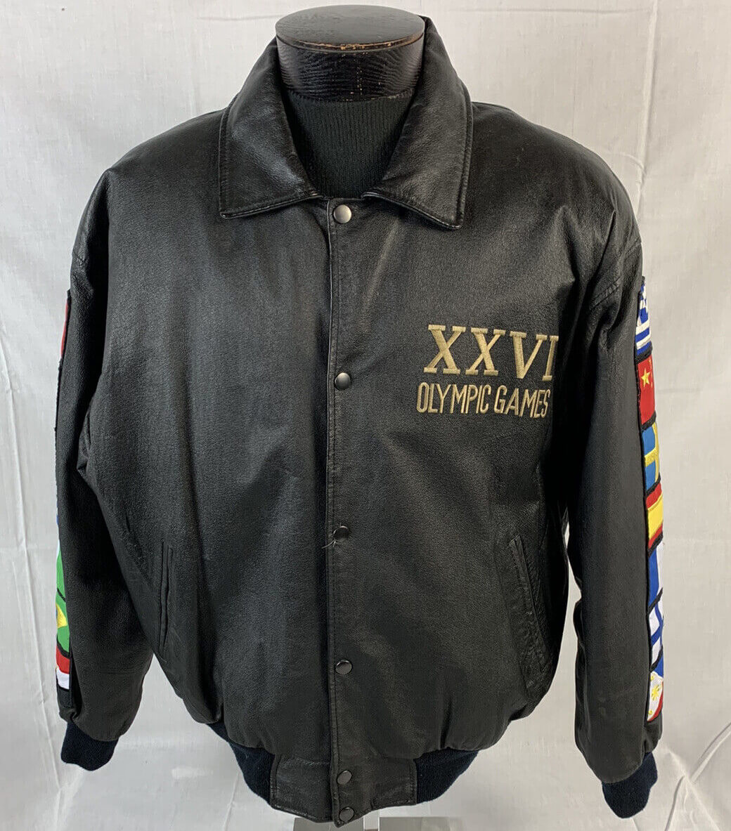 Vtg Atlanta 1996 Olympic Games Black Leather Jacket - Maker of Jacket