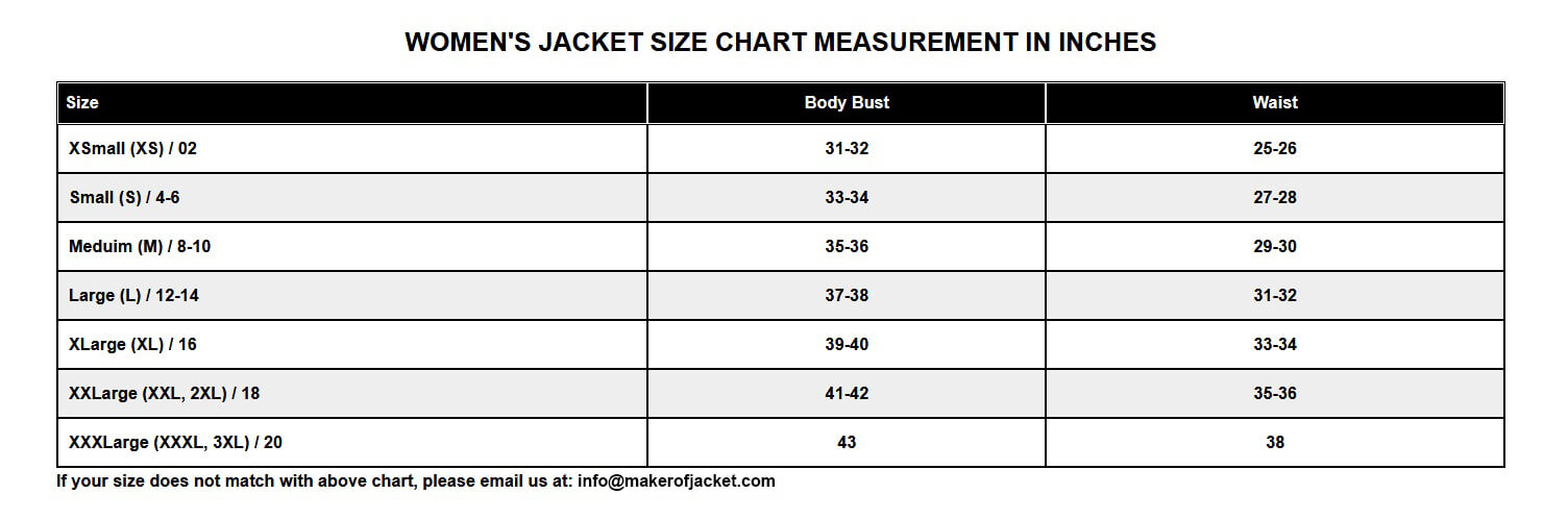 Sizes Chart and Sizing Guide - Maker of Jacket