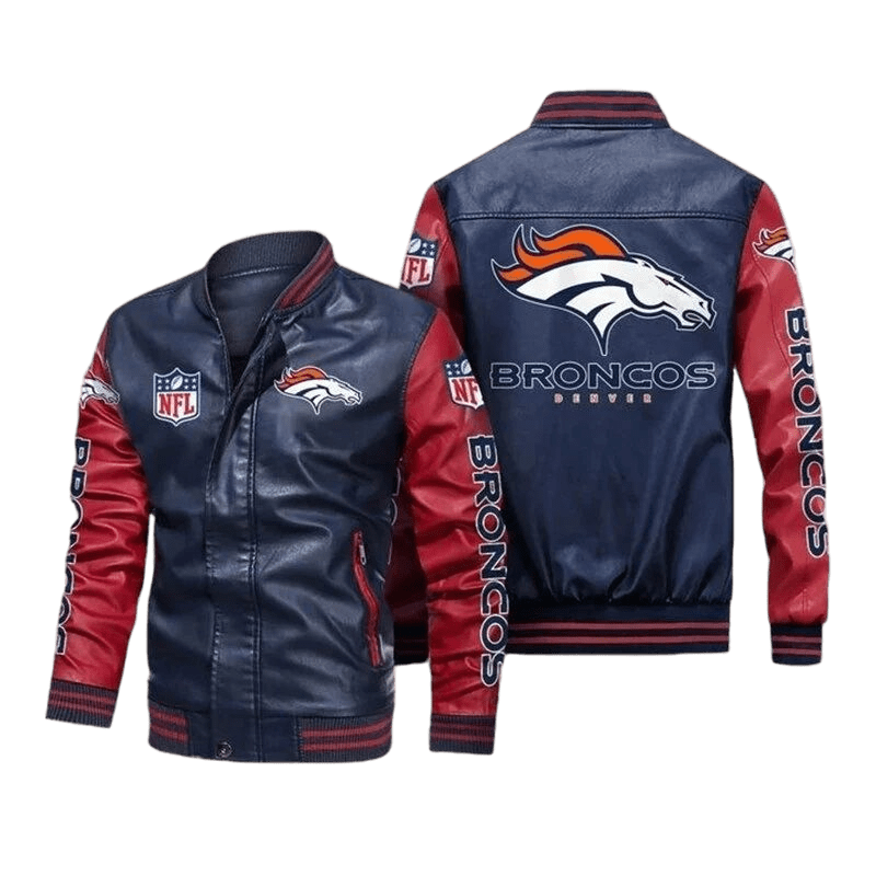 Denver Broncos Navy Red Bomber Leather Jacket - Maker of Jacket