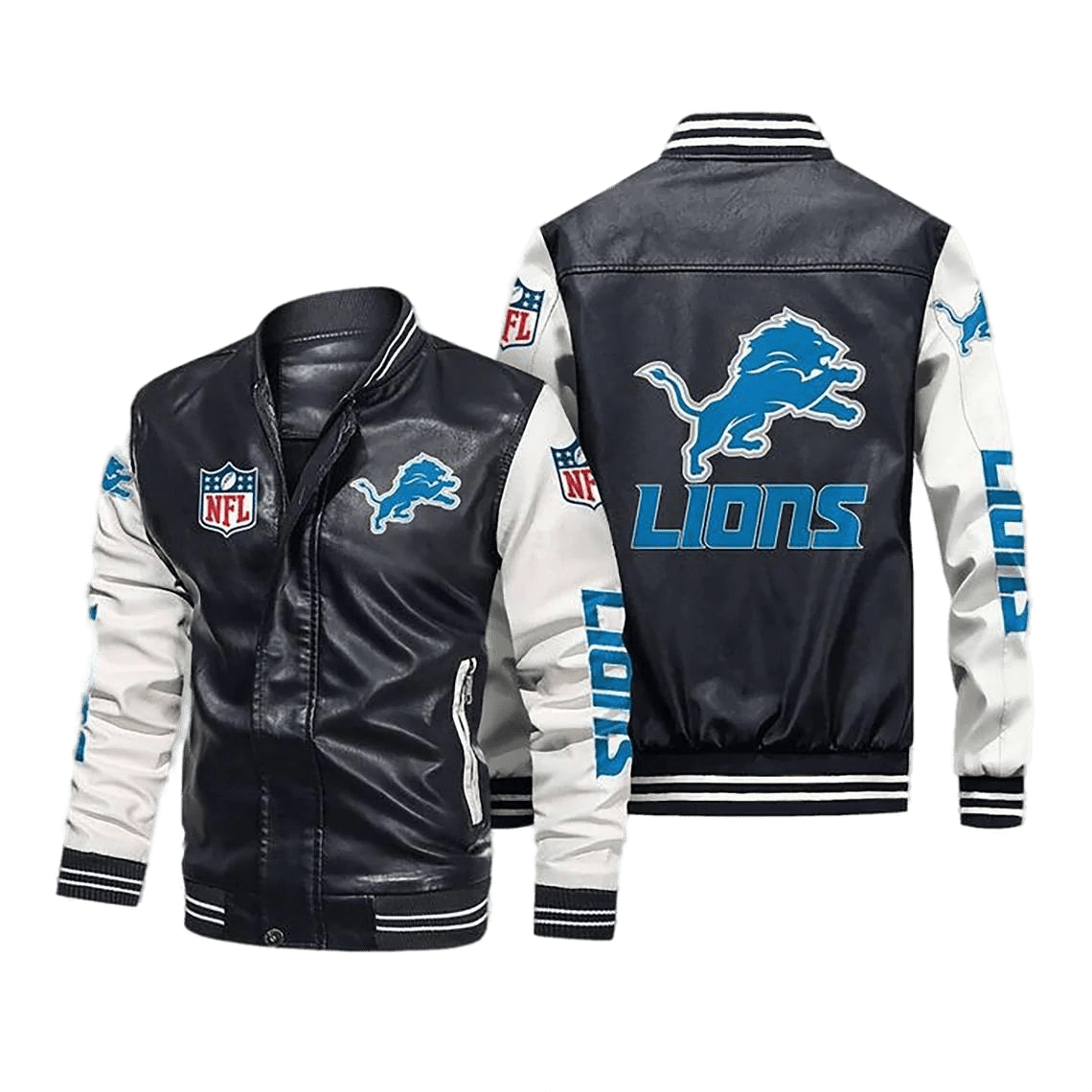 Detroit Lions Black White Bomber Leather Jacket - Maker of Jacket