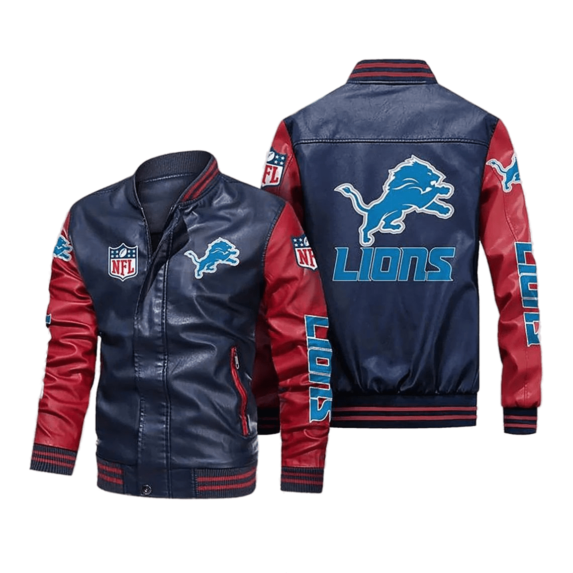 Detroit Lions Navy Red Bomber Leather Jacket - Maker of Jacket