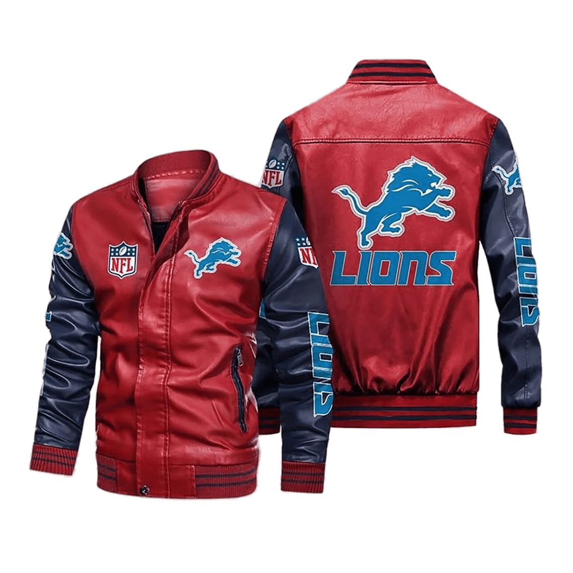Detroit Lions Red Navy Bomber Leather Jacket - Maker of Jacket