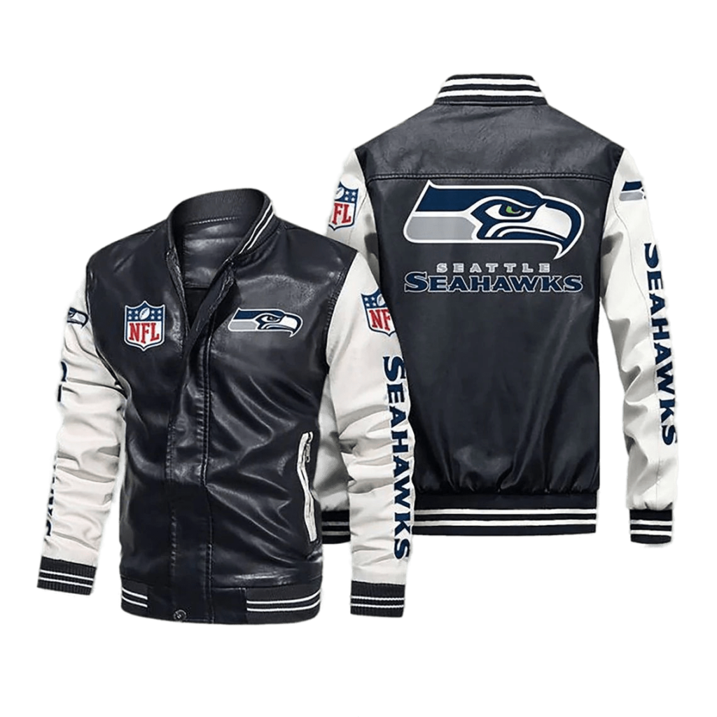 Seattle Seahawks Black White Bomber Leather Jacket - Maker of Jacket