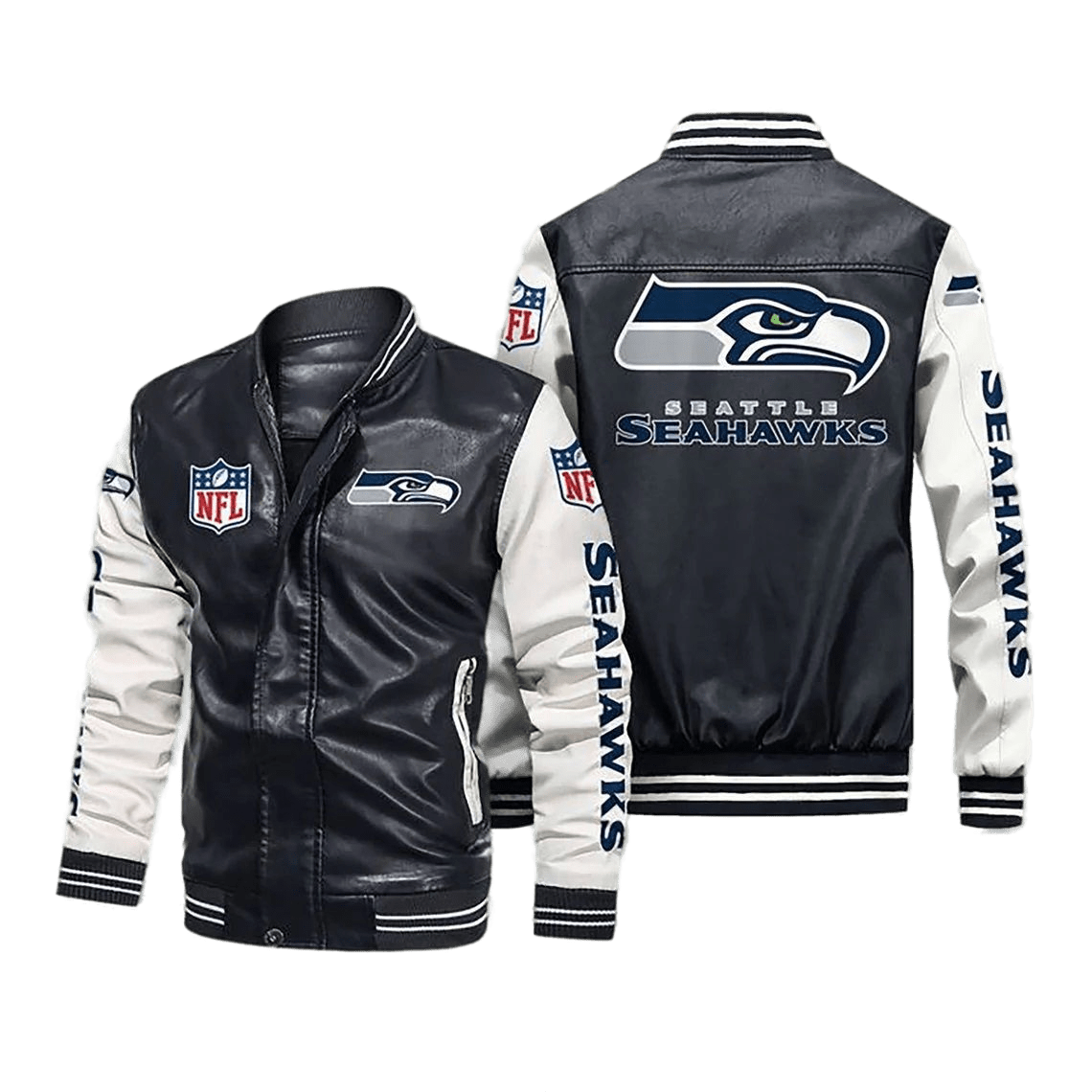 Seattle Seahawks Black White Bomber Leather Jacket - Maker of Jacket