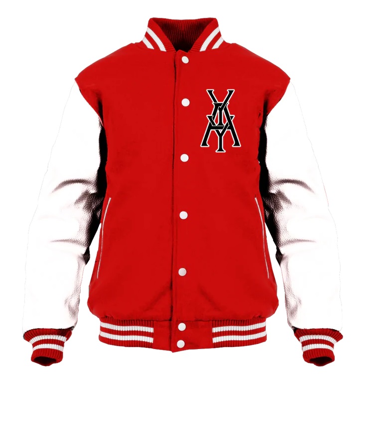 General Yay Red White Monogram Varsity Jacket - Maker of Jacket