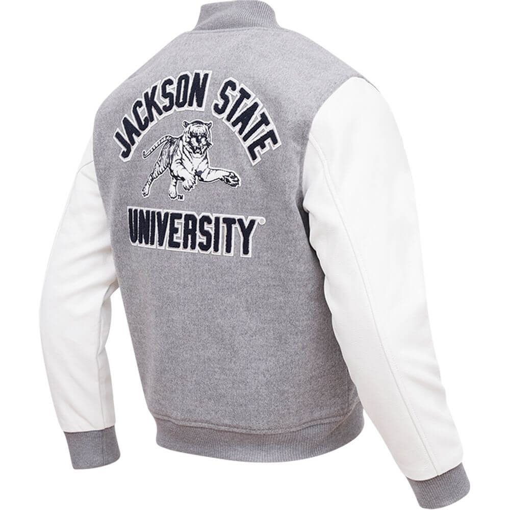 Jackson State Tigers Gray White Varsity Jacket - Maker of Jacket