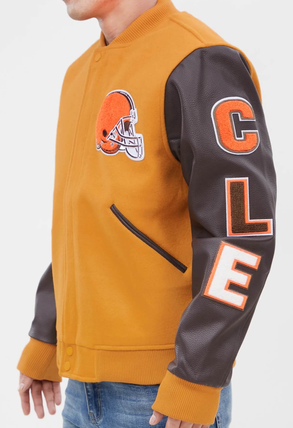 NFL Cleveland Browns Yellow And Brown Varsity Jacket - Maker of Jacket