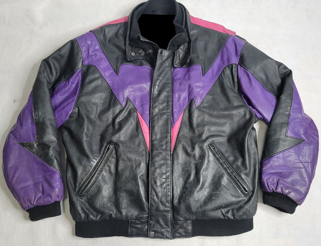 Vintage Color Block Black And Purple Leather Jacket - Maker of Jacket