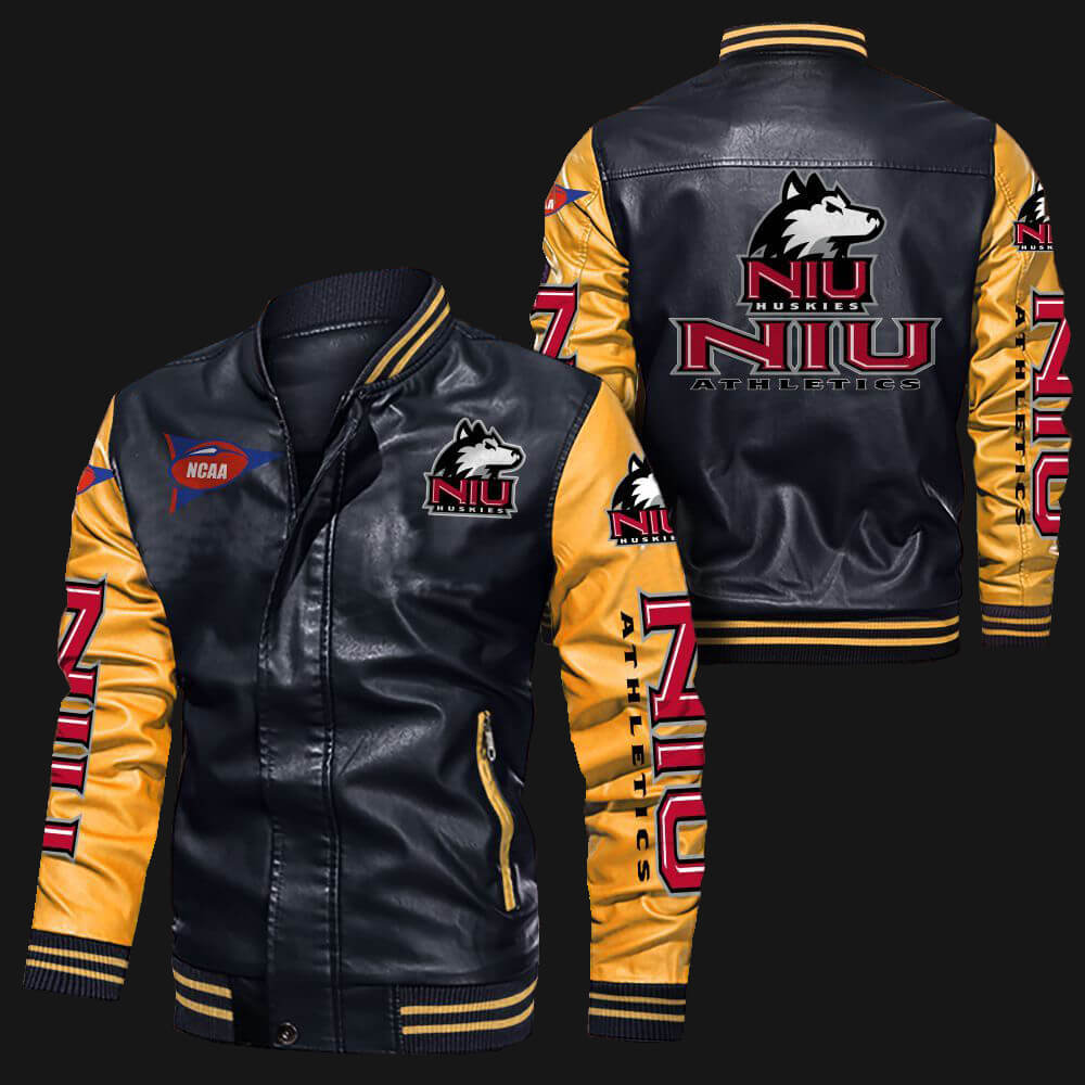 Black Yellow Northern Illinois Huskies Leather Jacket - Maker of Jacket