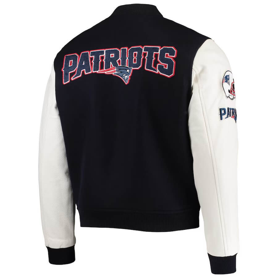 Navy White New England Patriots Logo Varsity Jacket - Maker of Jacket