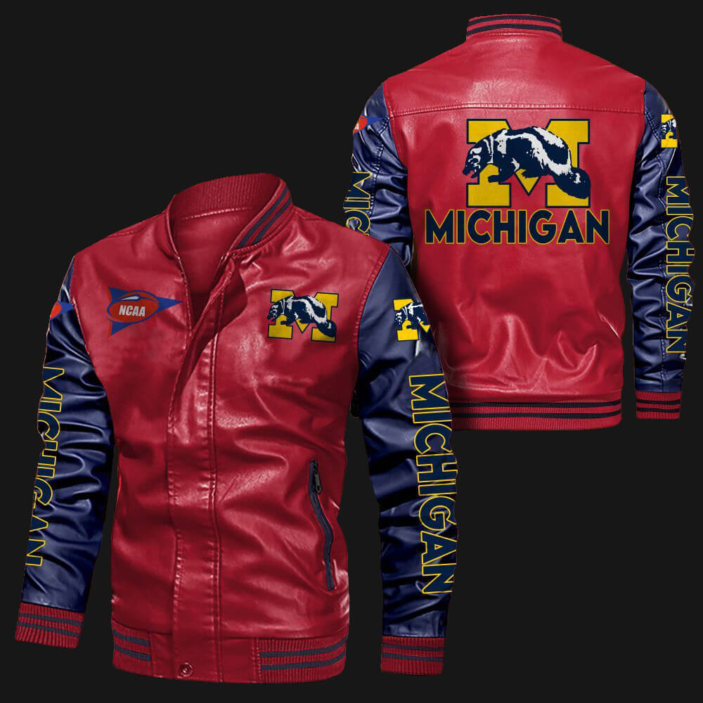Red Blue Michigan Wolverines Leather Jacket - Maker of Jacket