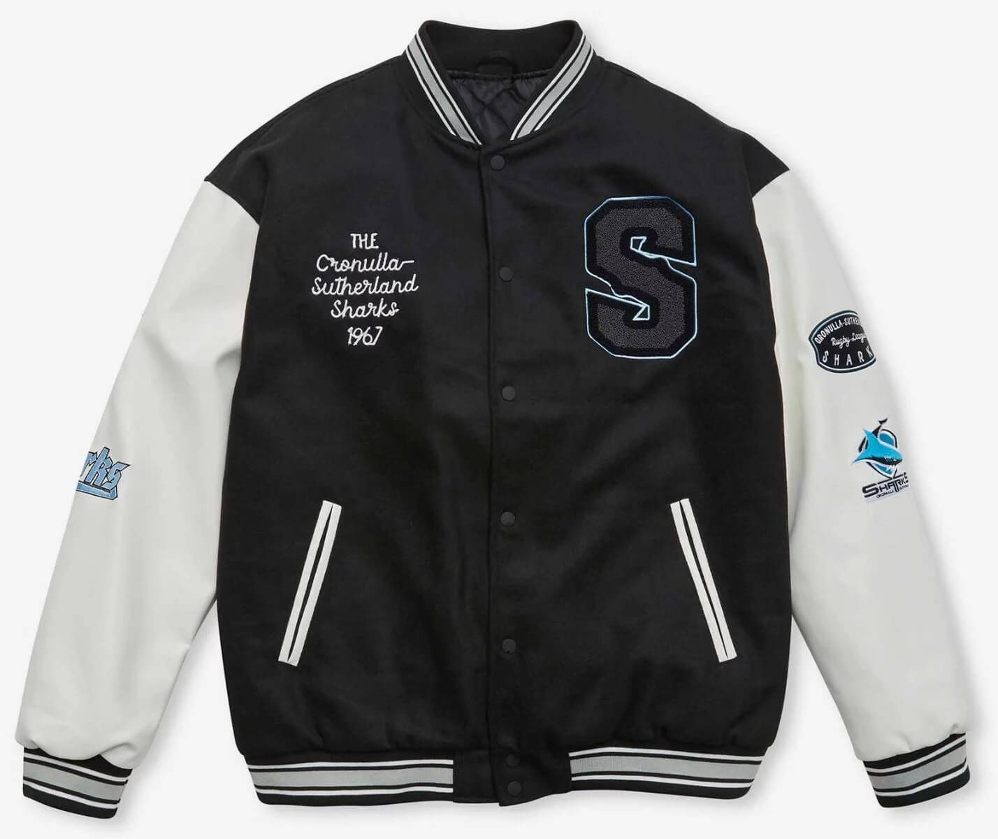 Cronulla Sharks 2023 NRL Black White Varsity Jacket - Maker of Jacket