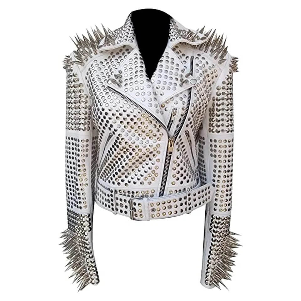 White Punk Silver Spiked Leather Jacket | Long Studded Style