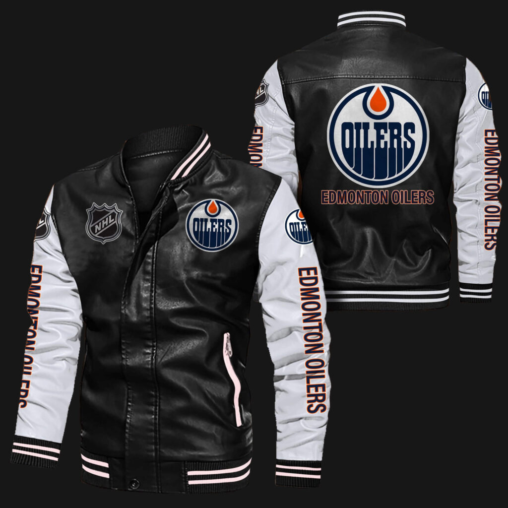 Edmonton Oilers Black White Bomber Leather Jacket - Maker of Jacket